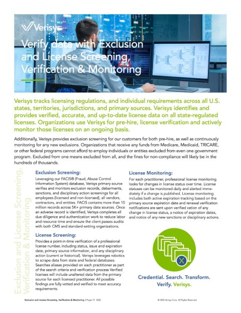 Verisys Product One Pagers | Verisys